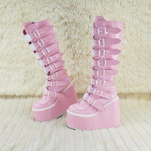 Demonia | Shoes | Pink Hologram Knee High Festival Platform Boots ...